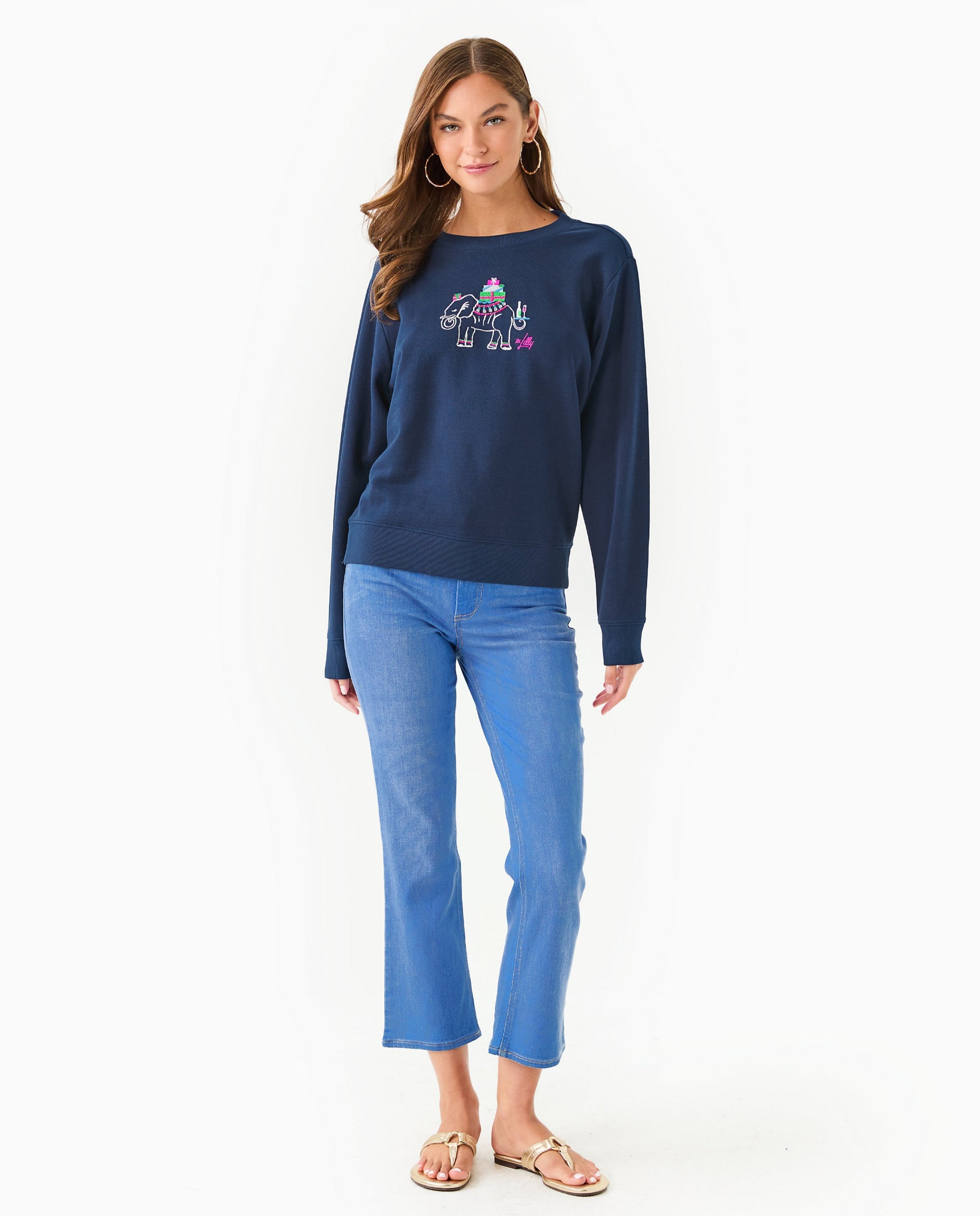 Ballad Cotton Sweatshirt - Low Tide Navy Holiday Elephant Embroidery ...