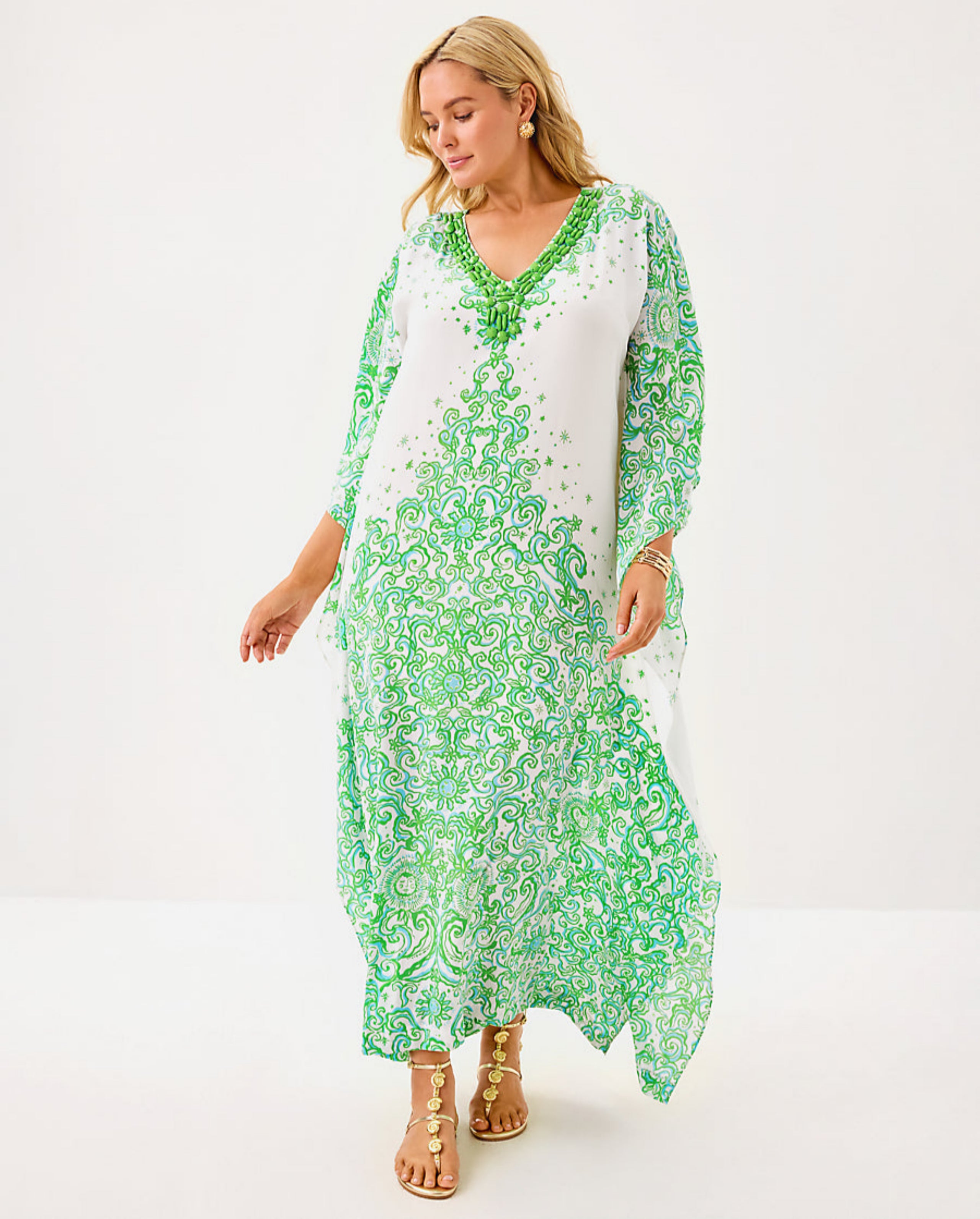 Marilla Silk Maxi Caftan – Peppermint Palm Lou
